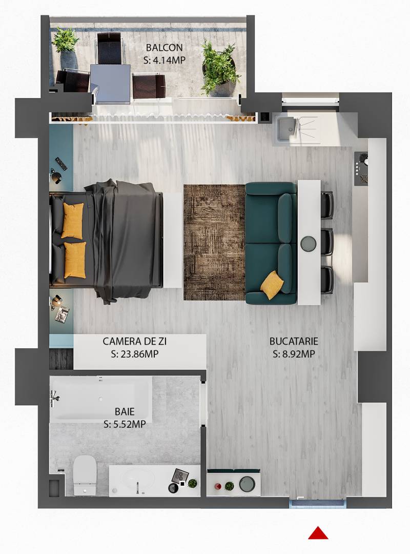 Apartament cu o camera TIP Studio 2